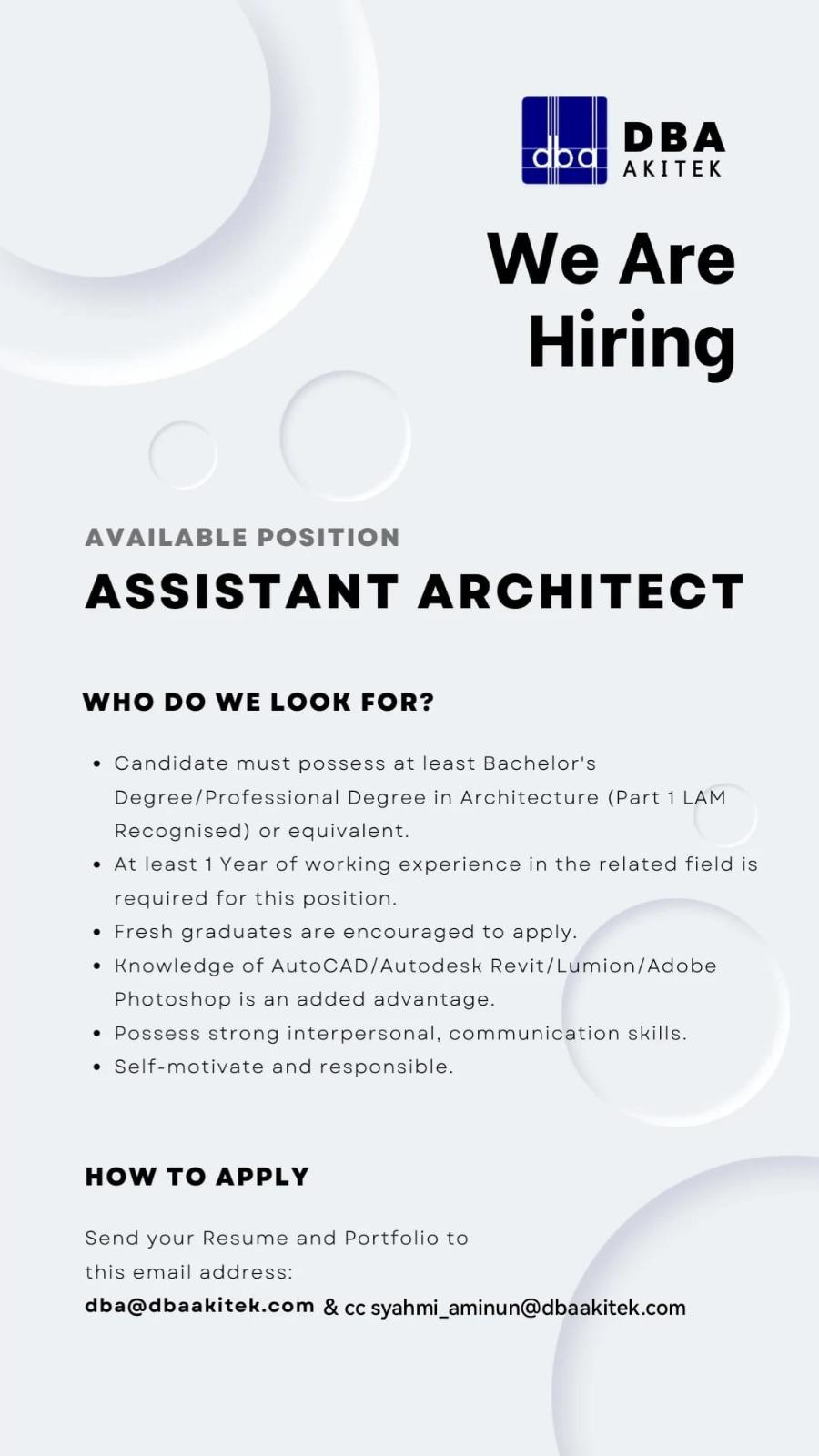 DBA Akitek Is Hiring Assistant Architect To Join Their Team In KL ...